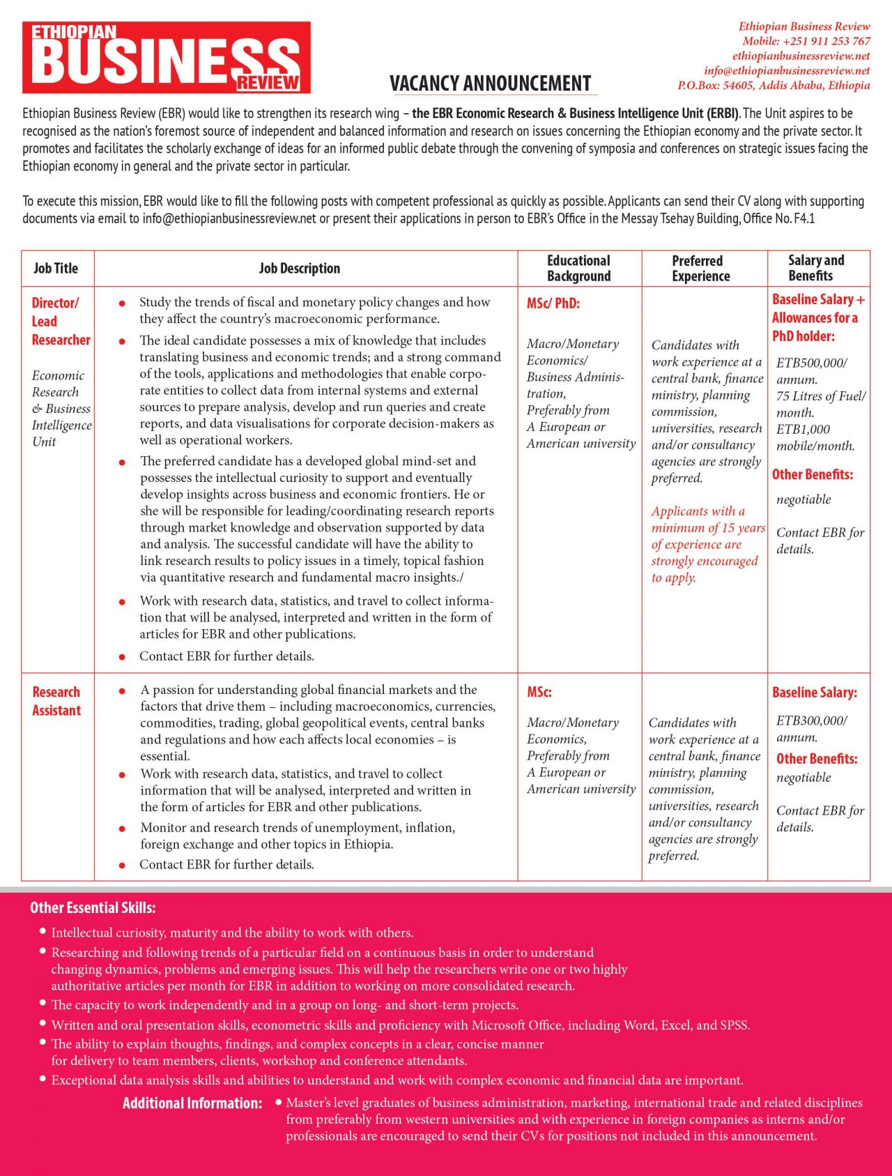 Vacancy – Ethiopian Business Review